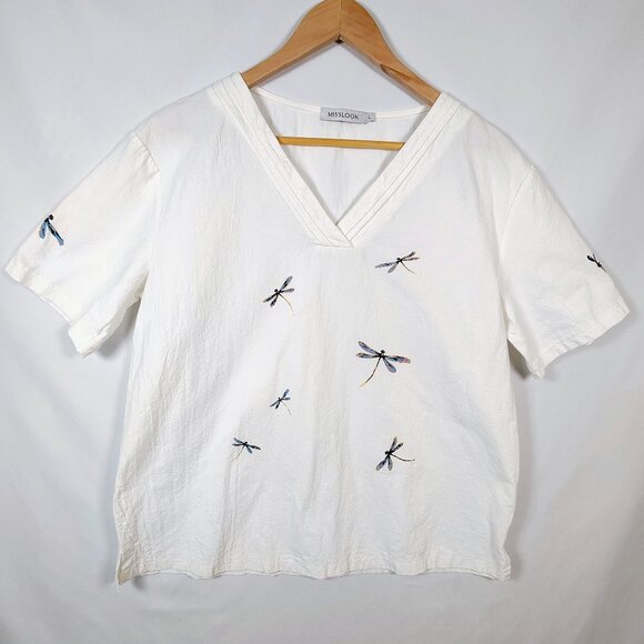 MISSLOOK | Tops | Misslook Womens White Large Dragon Fly Vneck Top ...